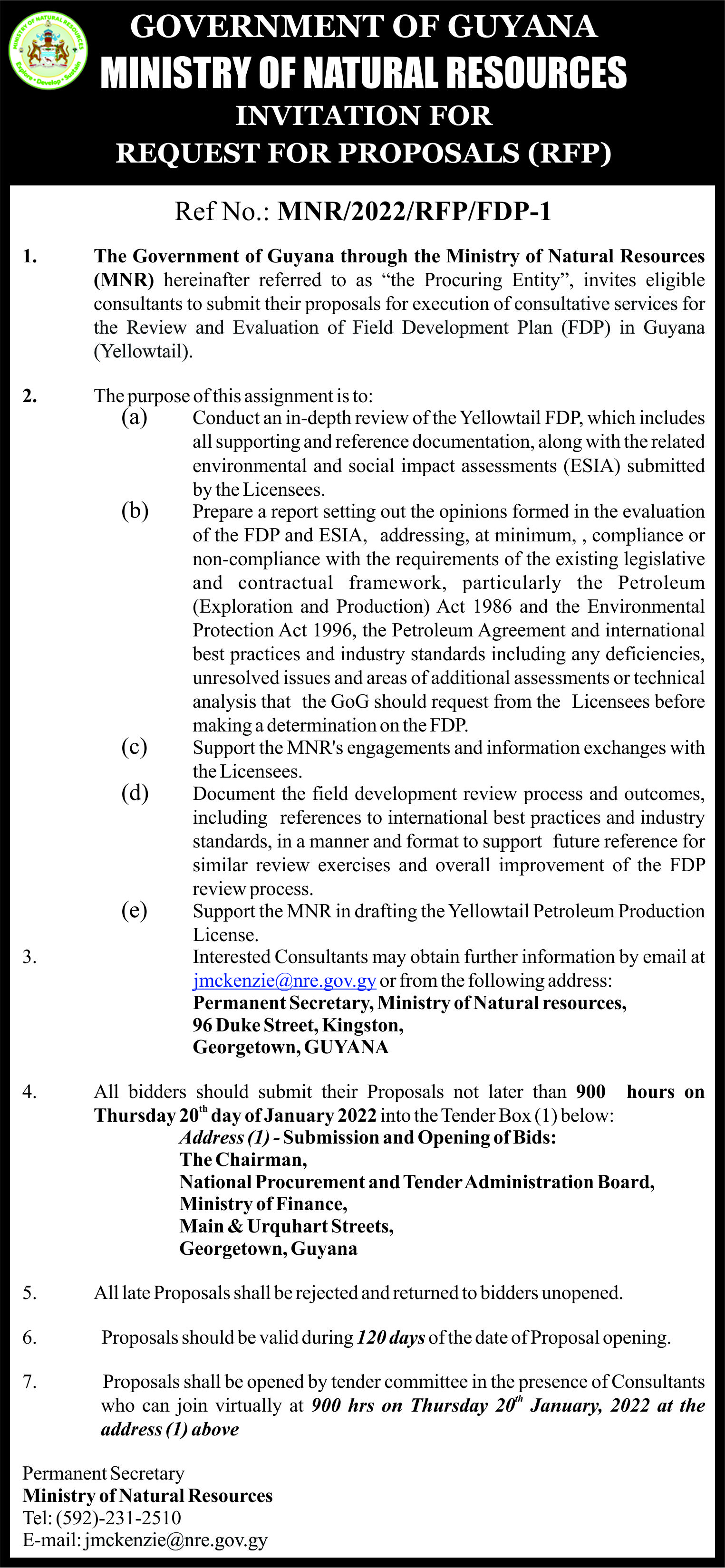 REQUEST FOR PROPOSALS - Review and Evaluation of Field Development Plan (FDP) in Guyana ...