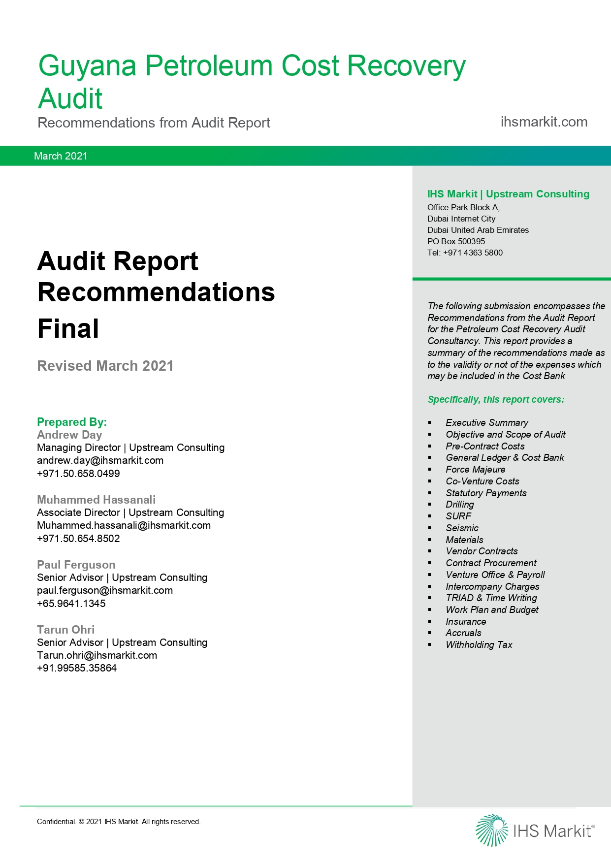 IHS Markit "Final" Audit Report for the Stabroek Block Cost Recovery ...